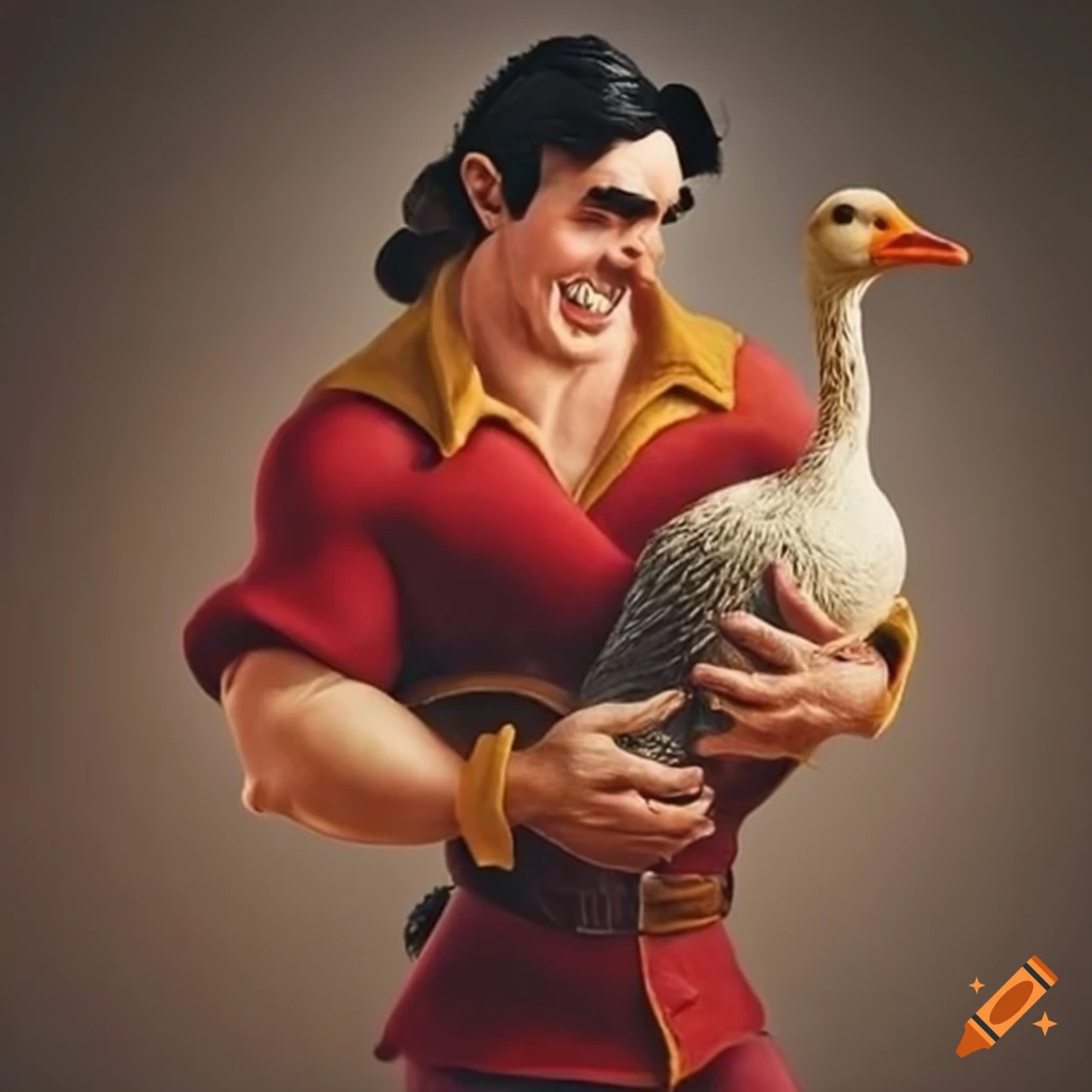 Gaston holding a goose in lifelike detail on Craiyon