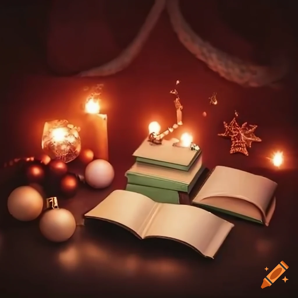 Festive setup with books and christmas decor