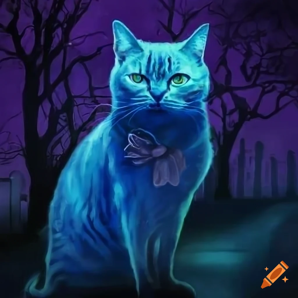 Painting of a ghostly cat in a graveyard with a bow on Craiyon