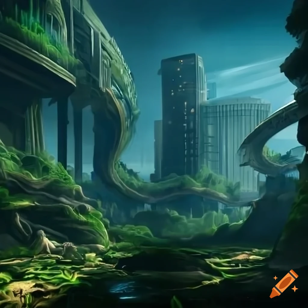 Science fiction jungle city landscape on Craiyon