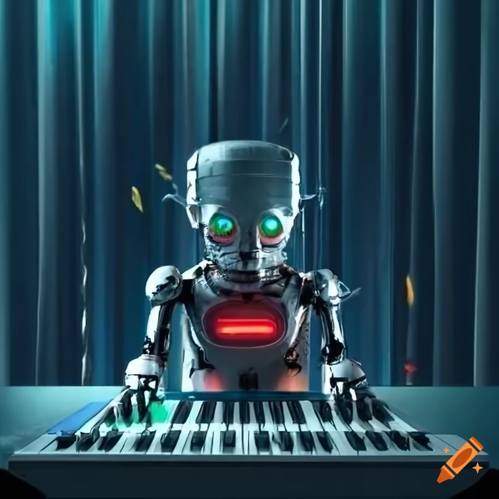 Underwater stage with a scary robot playing synth on Craiyon