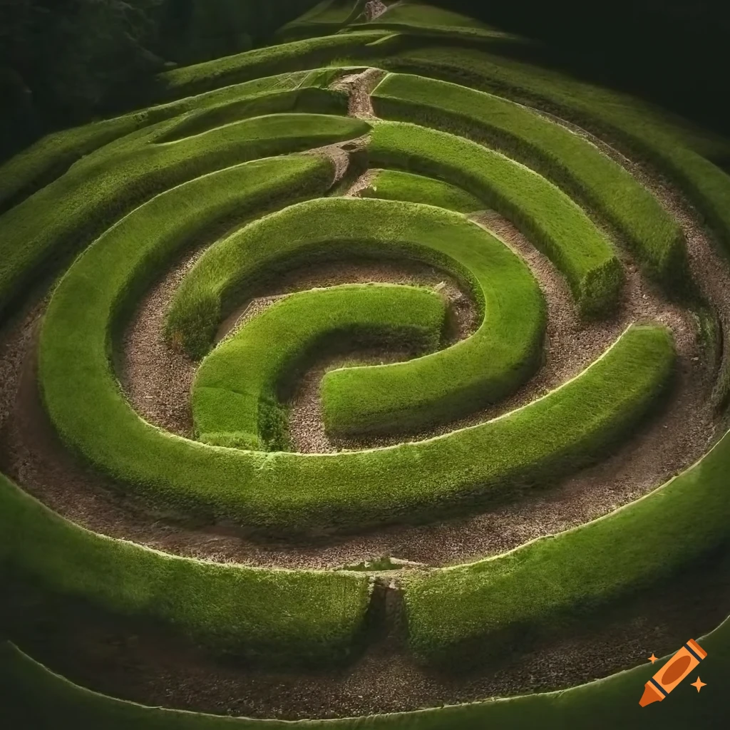 A stone maze in a lush forest from a bird's eye view on Craiyon