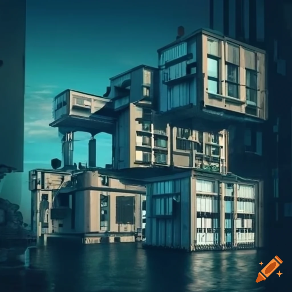 Futuristic dystopian landscape with stacked houses on Craiyon