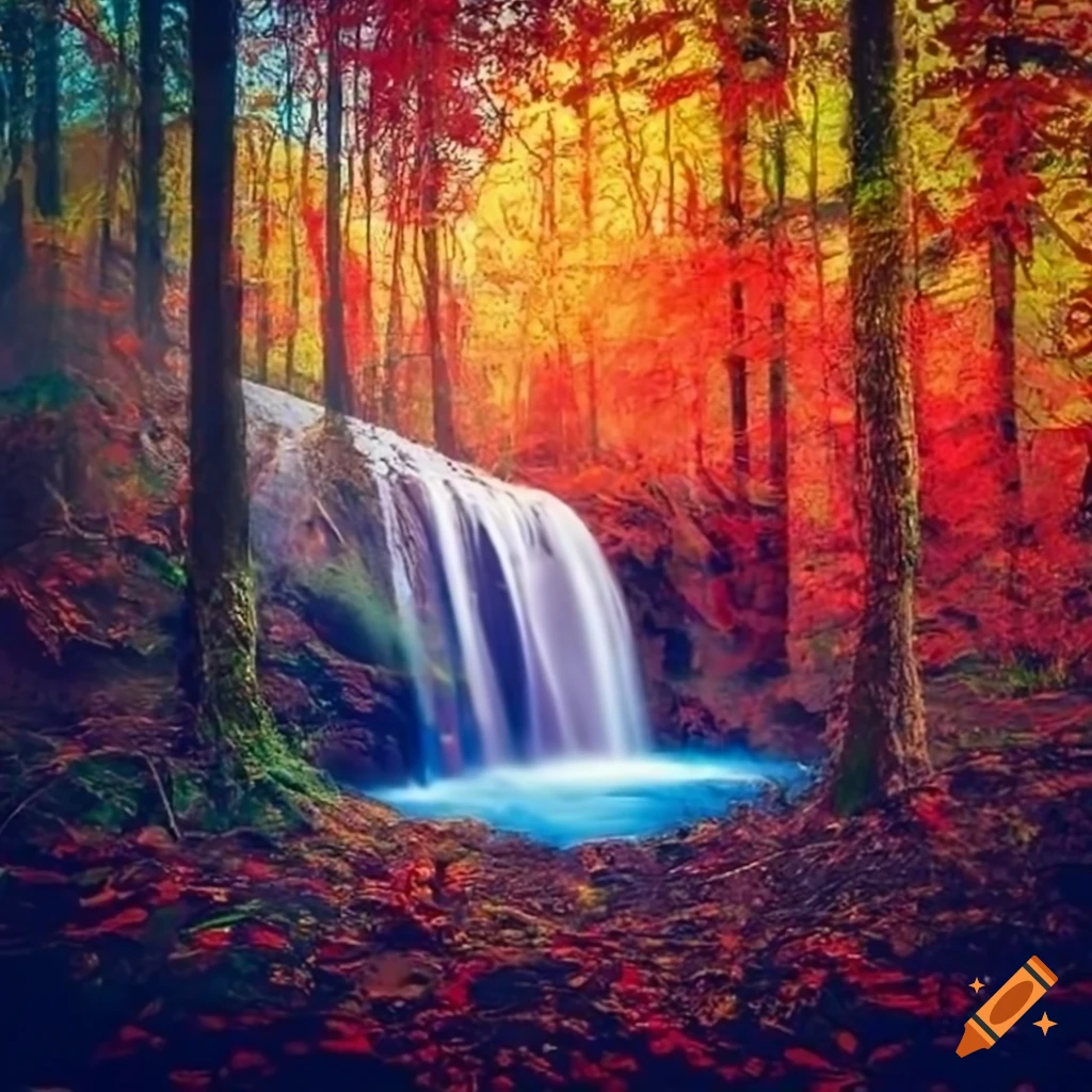 Colorful forest waterfall under a blue and red sky