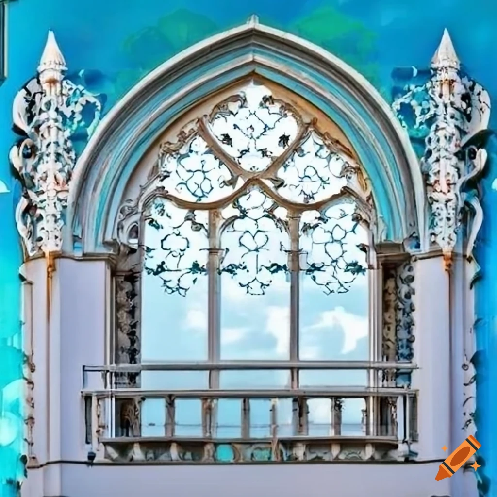 Balcony with islamic art design overlooking a blue sky