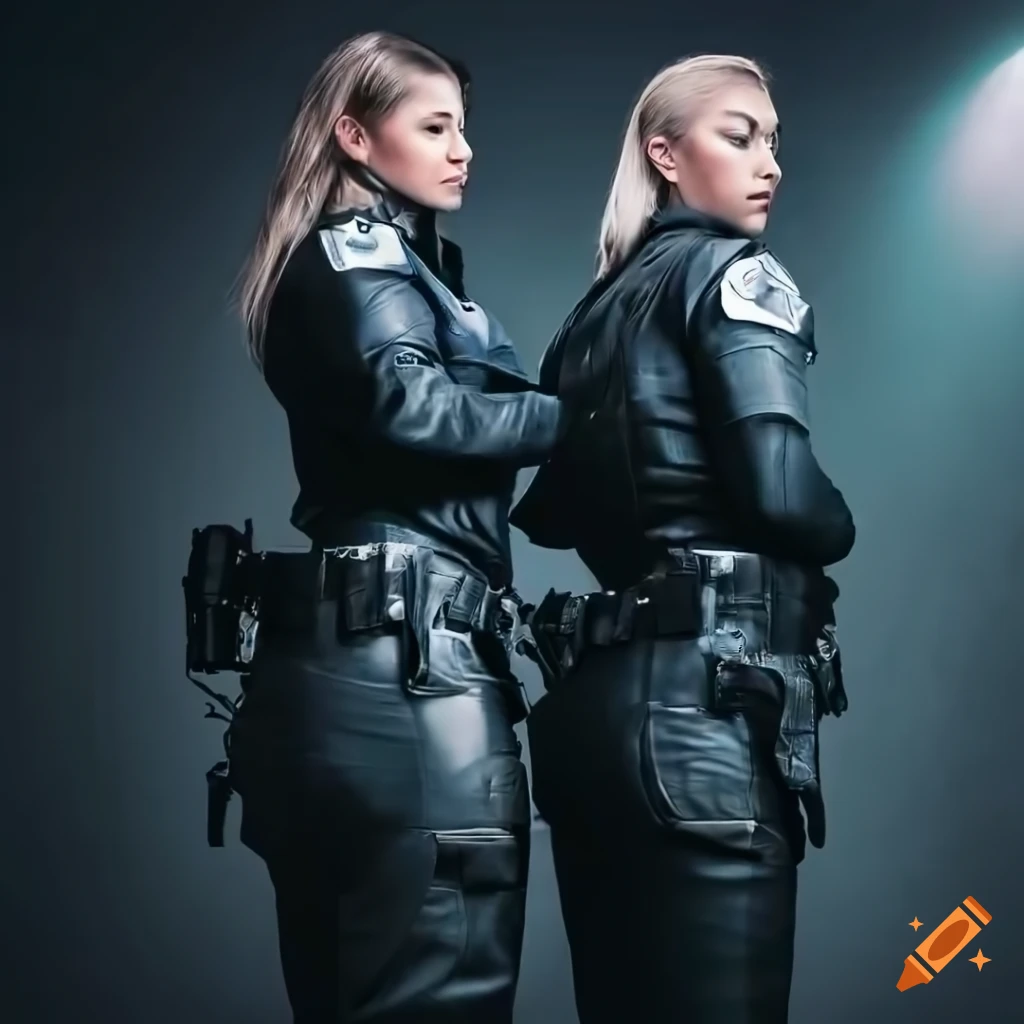 Rear view of three policewomen in white shirts and black leather ...