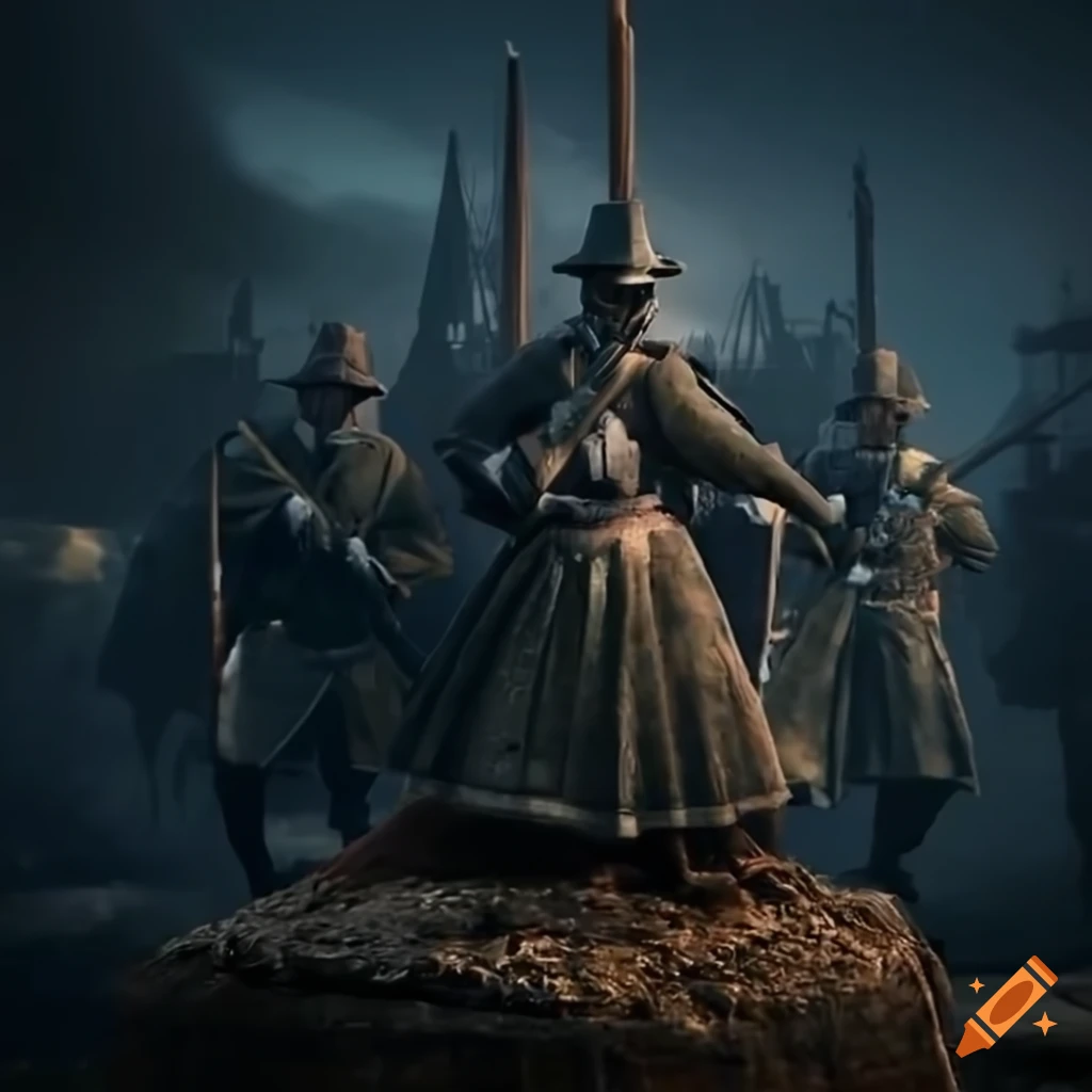 Long-angle shot of a massive victorian army marching through snowstorm