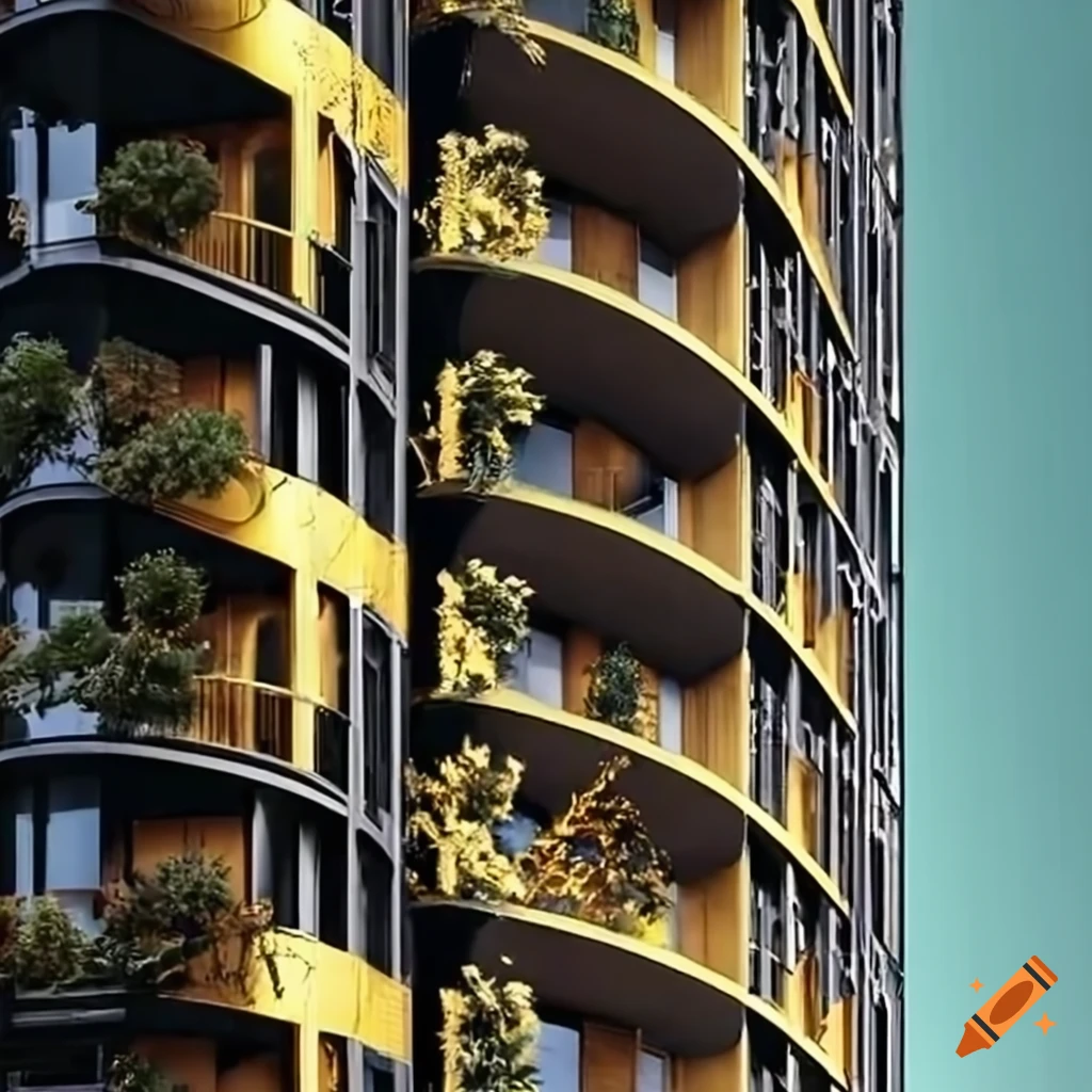 Black and gold apartment block with balcony trees on Craiyon
