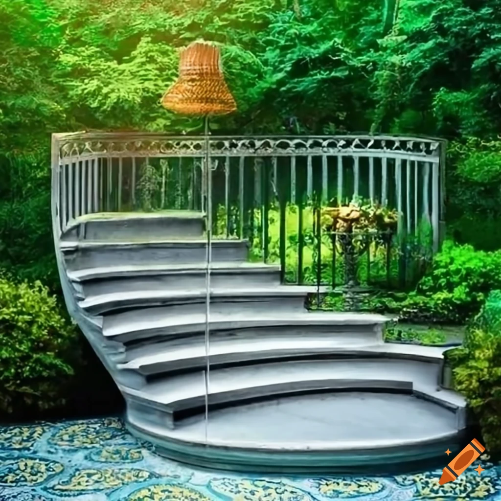 Curved silver stairs leading to a balcony in a garden on Craiyon