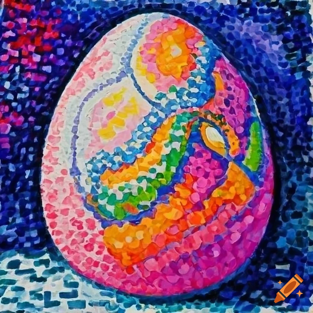 Abstract artwork with an egg and colorful landscape