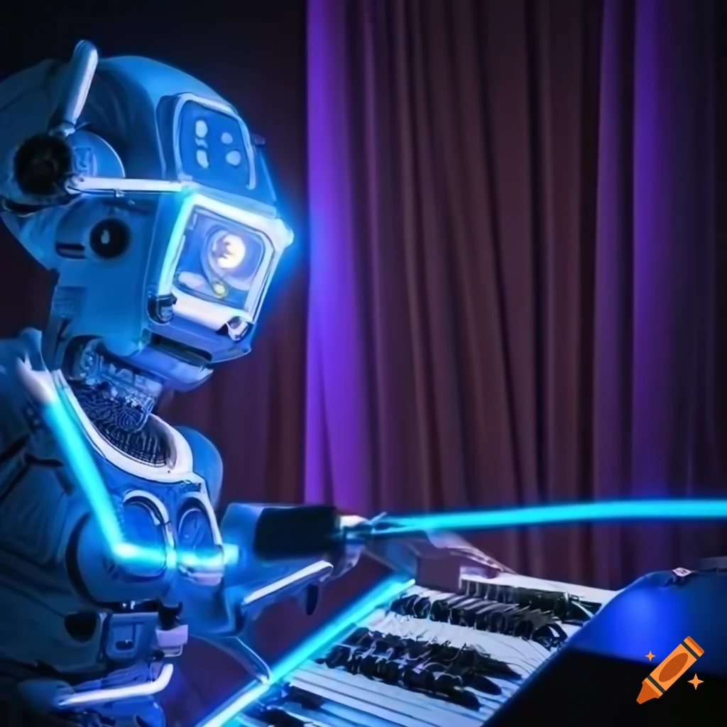 Sci-fi artwork of a female robot playing a modular synthesizer ...