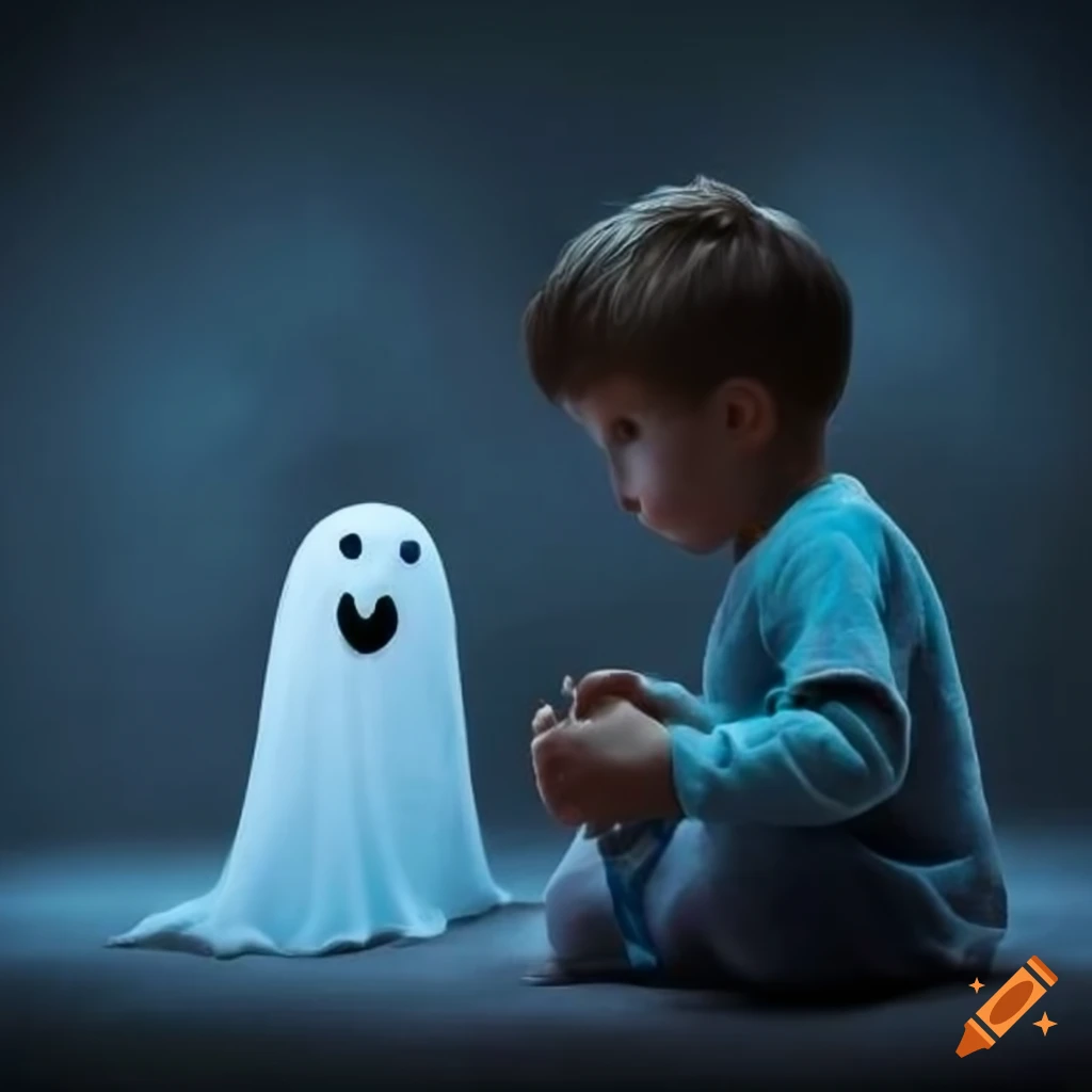 Illustration of a ghost and a young boy playing in a dark moonlit room ...