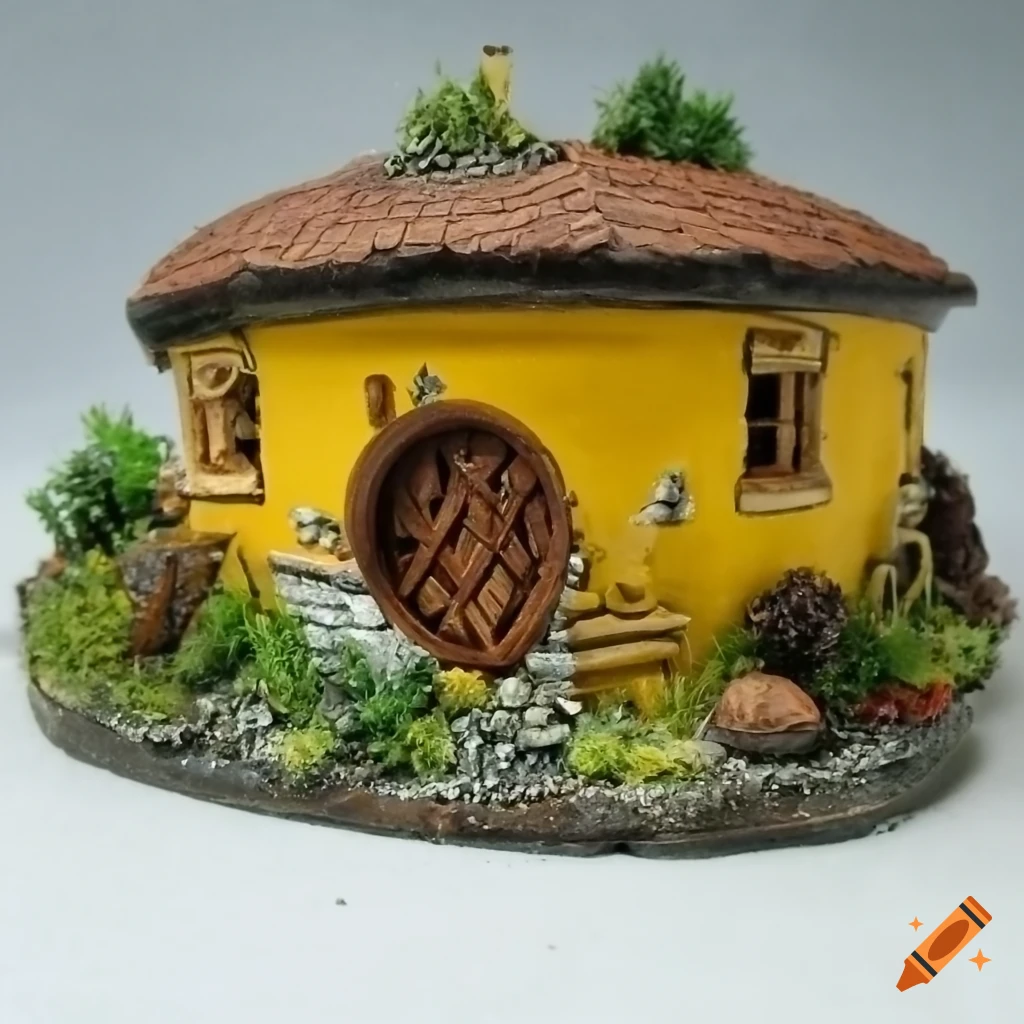 Photo of a miniature hobbit house in a pot on Craiyon