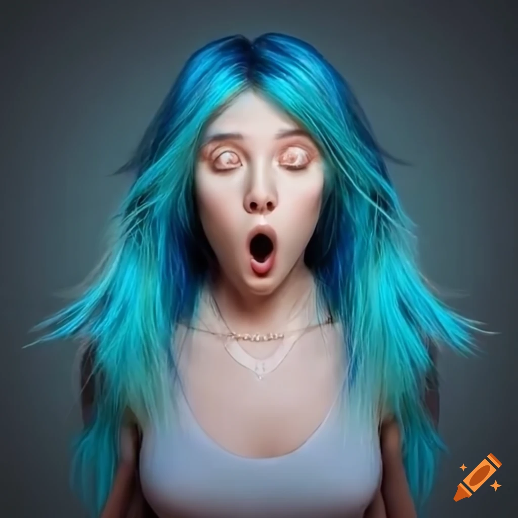 Portrait of a girl with blue hair and shocked expression