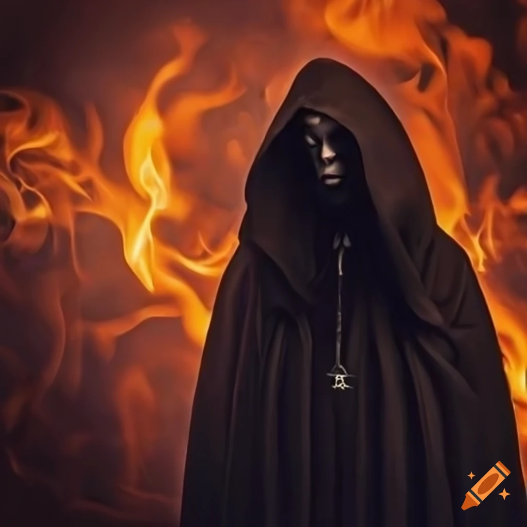 Digital art of a cloaked figure with burning eyes on Craiyon