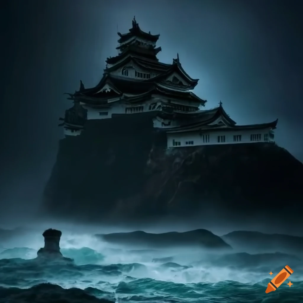 Japanese purple impressive castle with a lake surrounding it on Craiyon