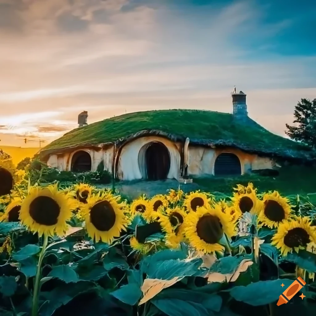 Field of white flowers in front of a coastal hillside cottage on Craiyon
