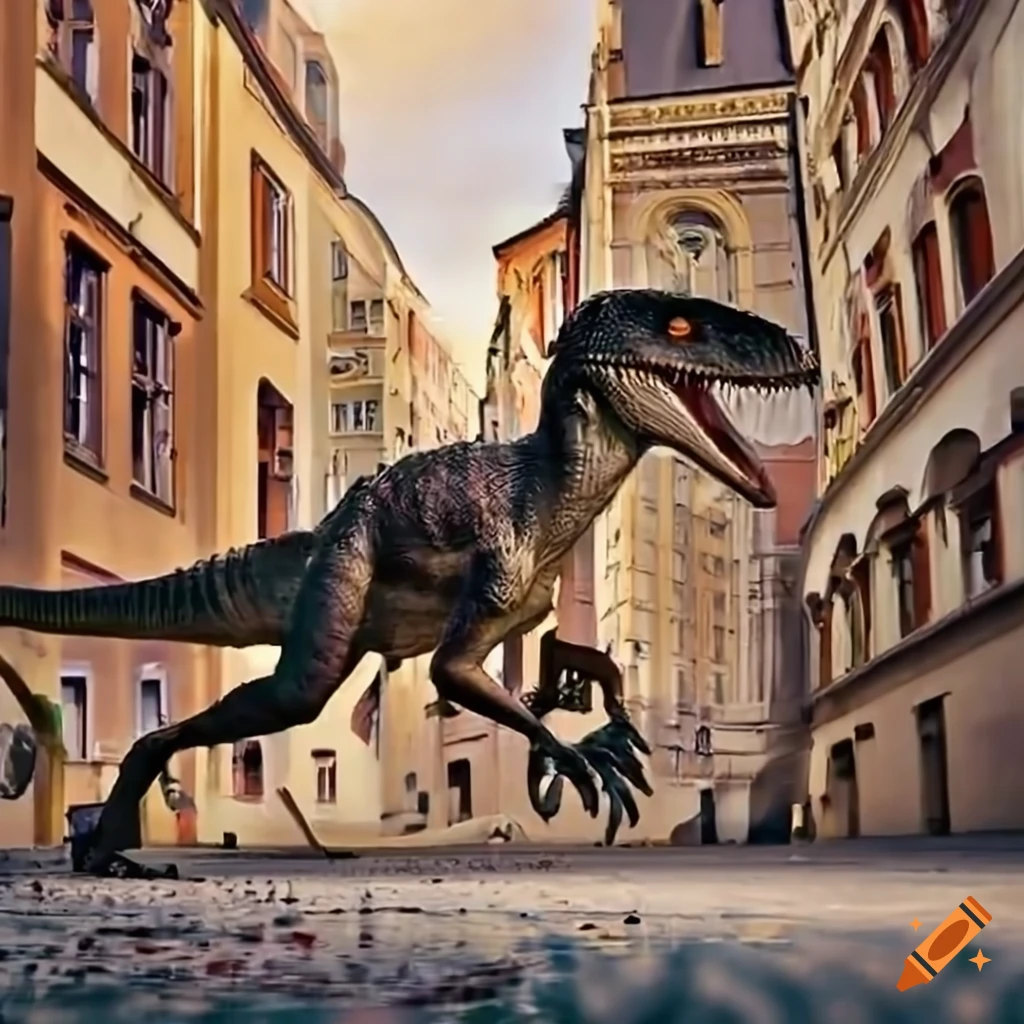 Velociraptor running through a medieval city on Craiyon