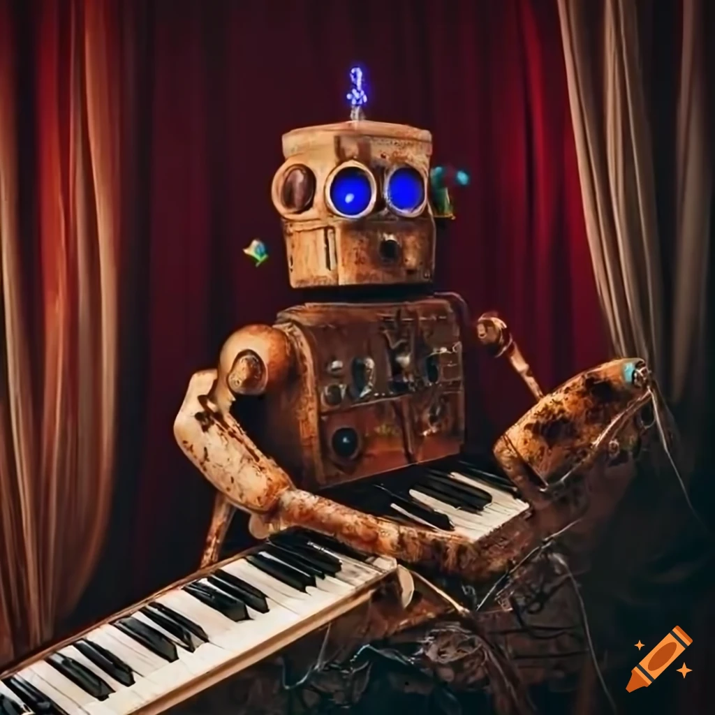 Rusty robot playing a synthesizer with rainbow lighting on Craiyon