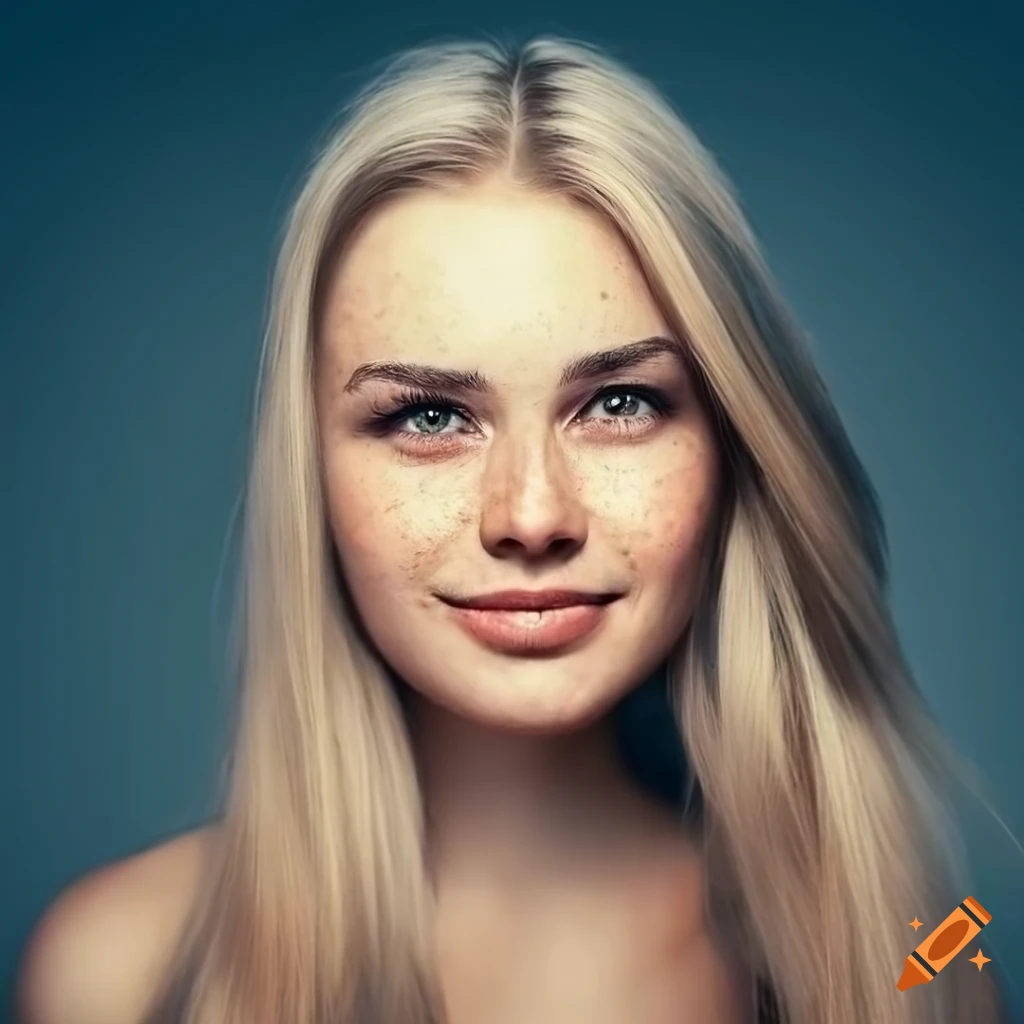 Portrait Of A Beautiful Young Woman With Freckles And Blonde Hair On