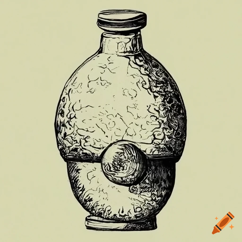 Ink drawing of a spherical apothecary bottle on Craiyon