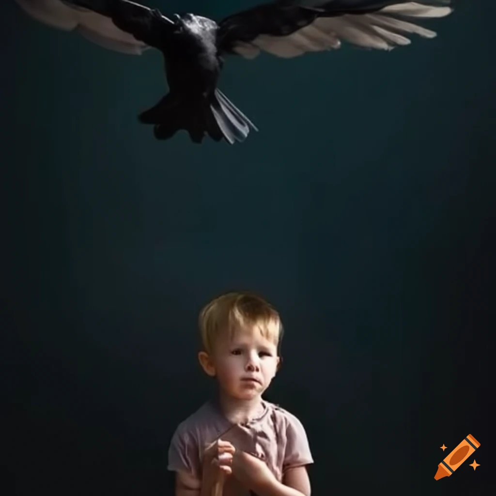 Symbolic image of a boy holding a cross under a crow on Craiyon