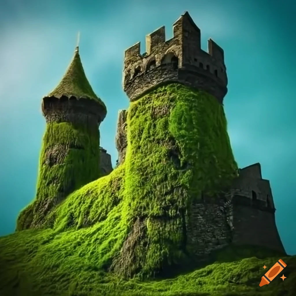 Moss-covered medieval fortress with tree trunk walls on Craiyon