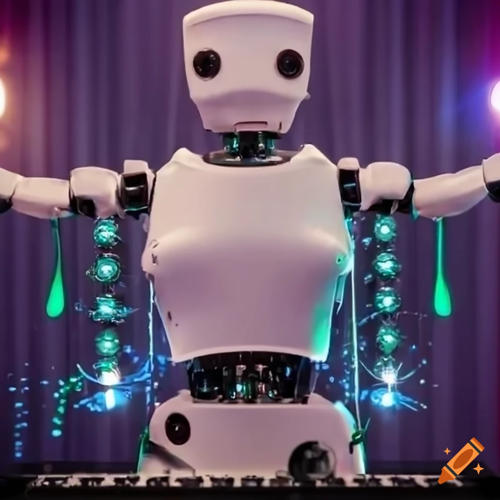 Robot playing synthesizer with laser lights on Craiyon