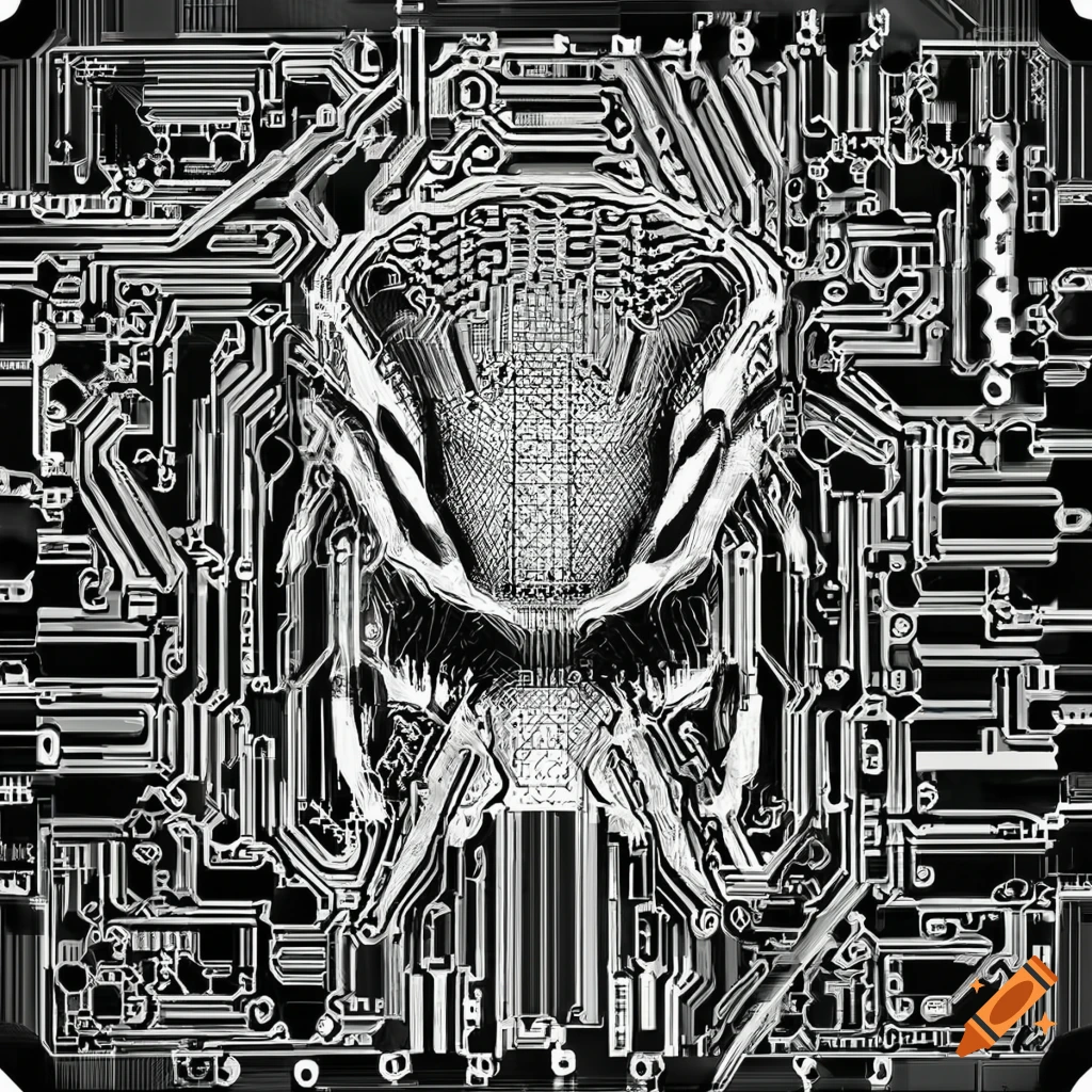 Abstract black and white image of yautja predator warrior head on a ...