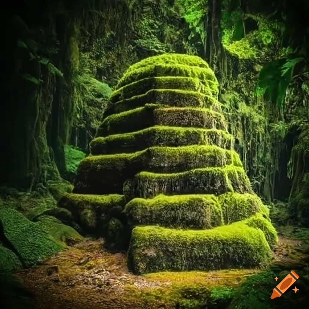 Moss-covered Inca pyramid in a rainforest on Craiyon