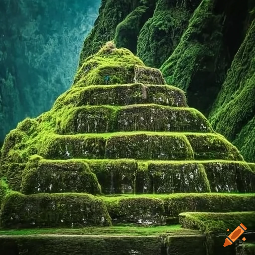 Moss-covered inca pyramid in a rainforest