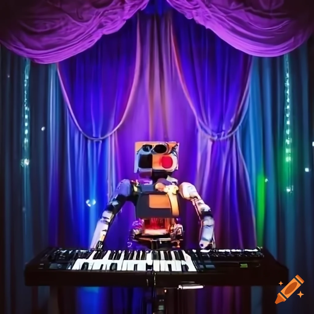 Colorful stage lights illuminating a robot musician playing the synth ...