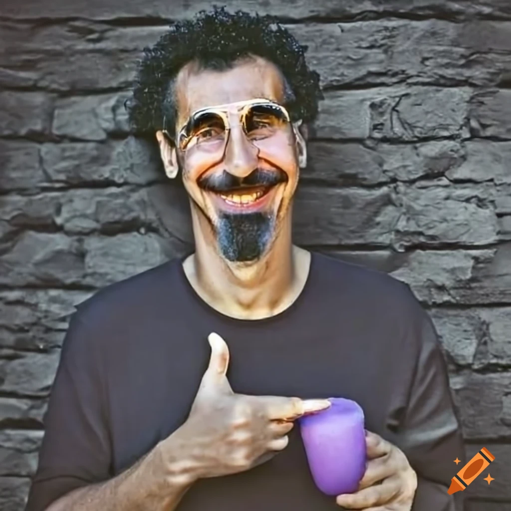 Serj tankian holding a purple slushie and smiling