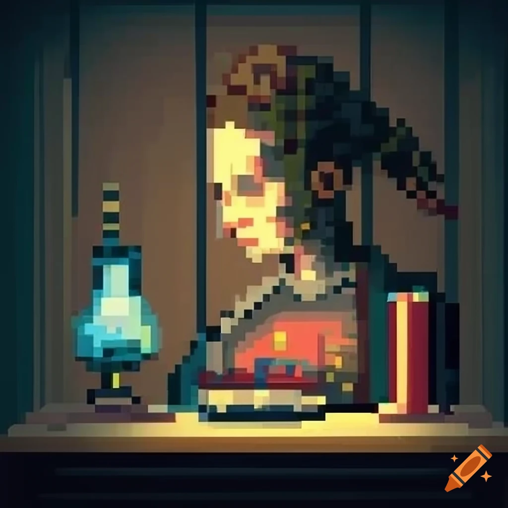Pixel art of Marie Curie in a laboratory on Craiyon