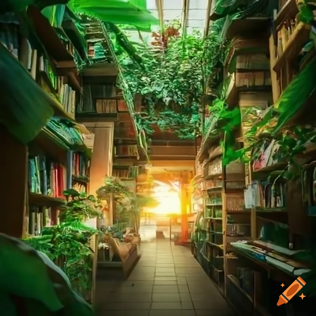 Lush green jungle with butterflies in a library on Craiyon