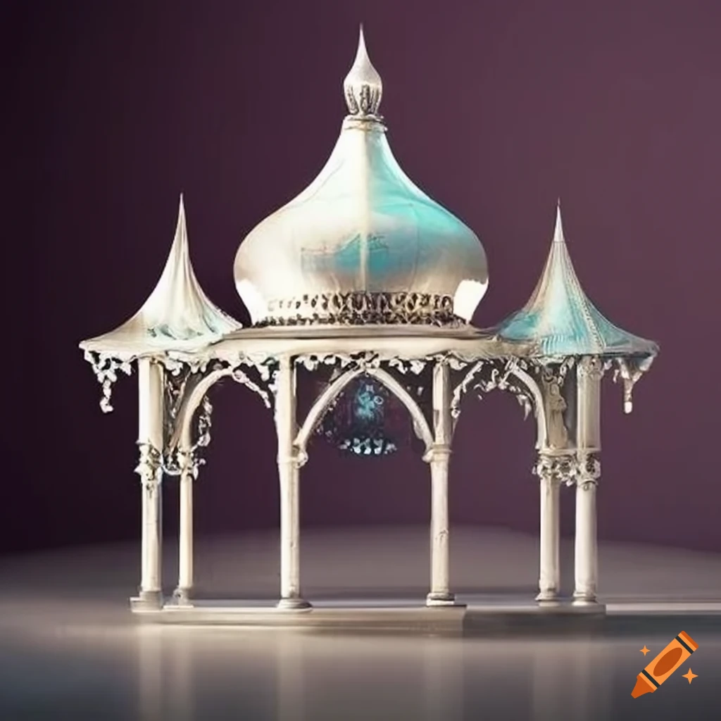 Silver ornamental islamic gazebo with a fountain