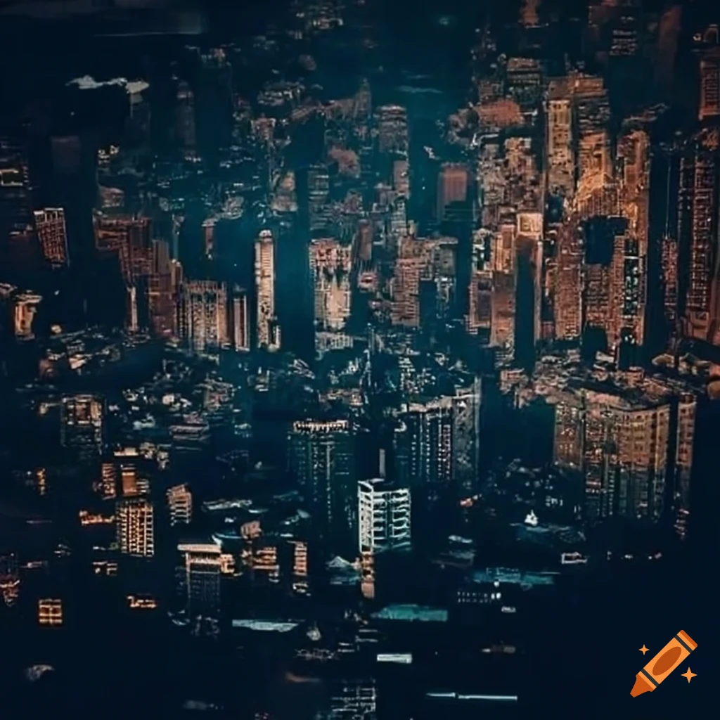 Overhead view of a destroyed city on Craiyon