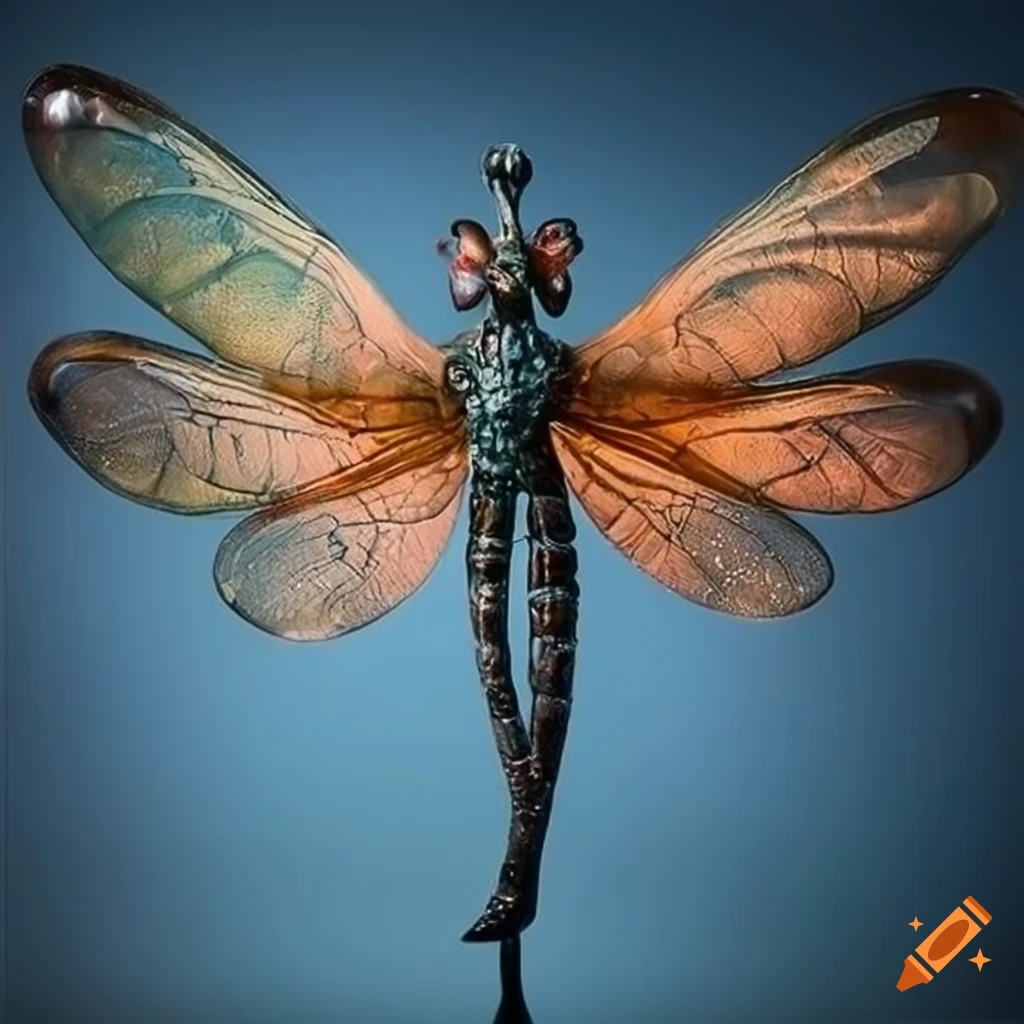 Hyperrealistic dragonfly sculpture with semi-transparent wings on Craiyon
