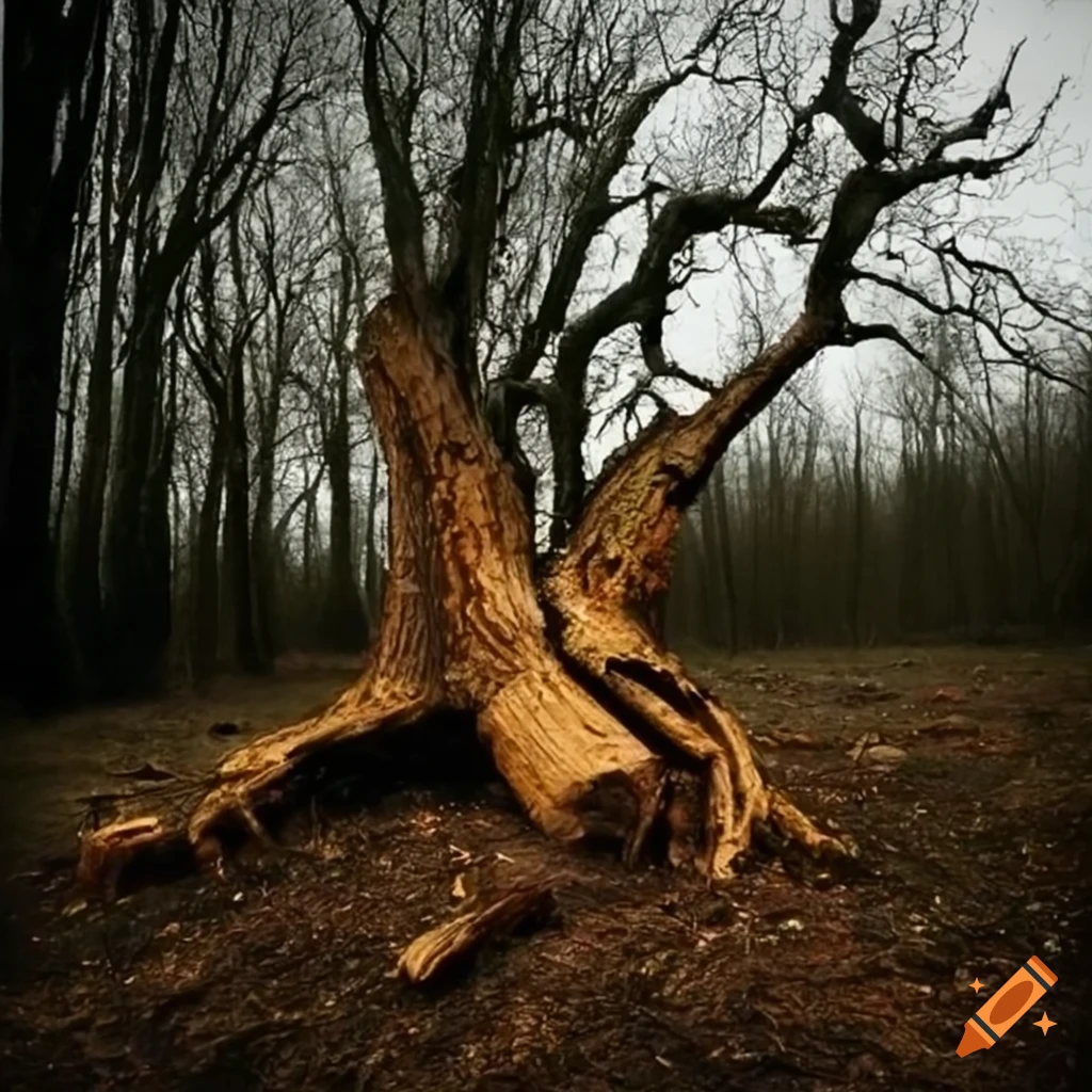 Dark landscape with broken trees and stormy sky on Craiyon