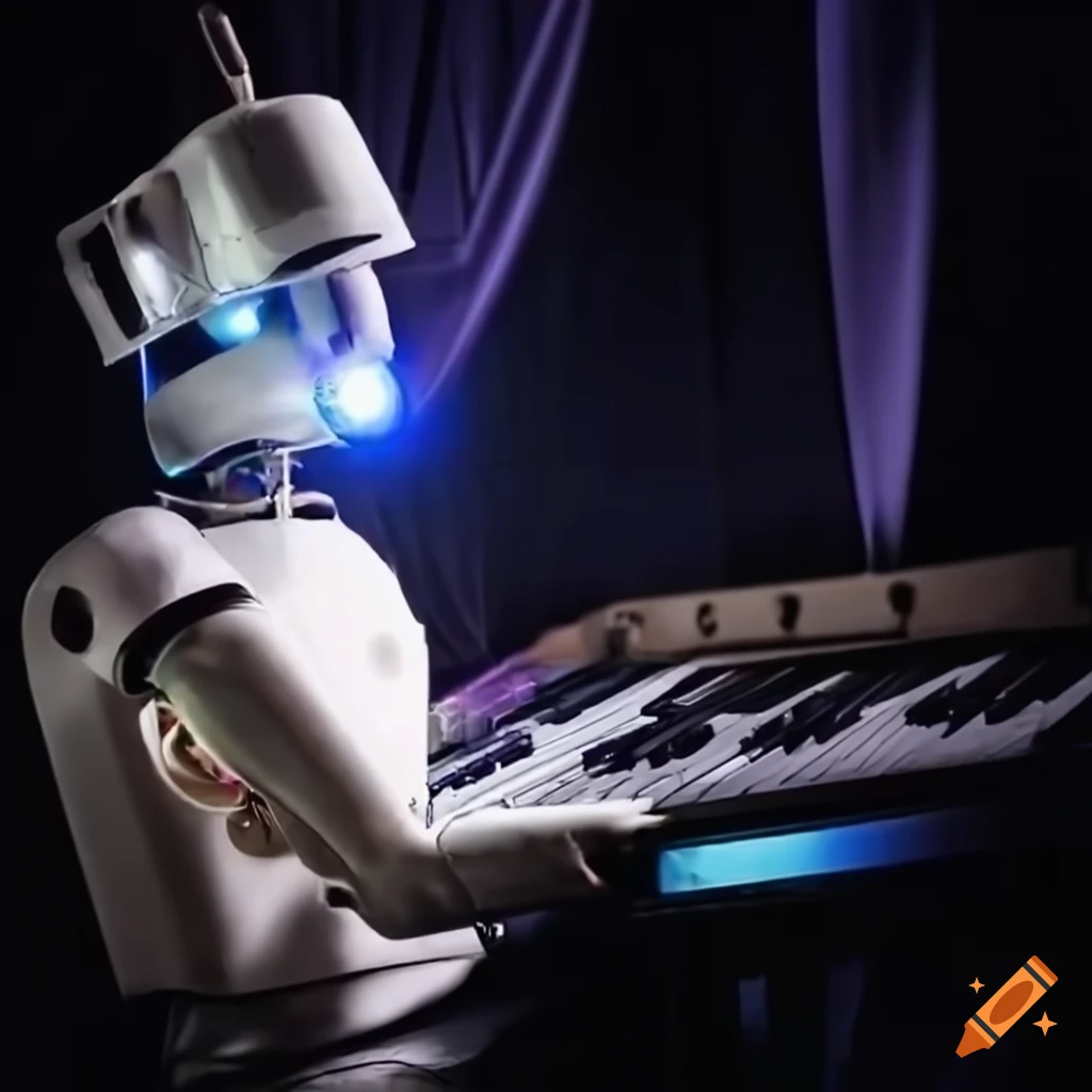 Colorful stage lights illuminating a robot musician playing the synth ...
