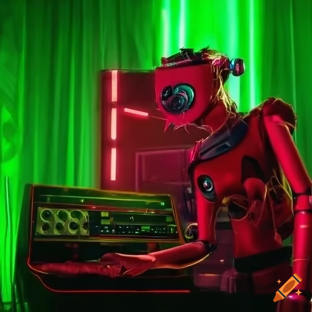 Retro female robot playing futuristic synthesizer on Craiyon