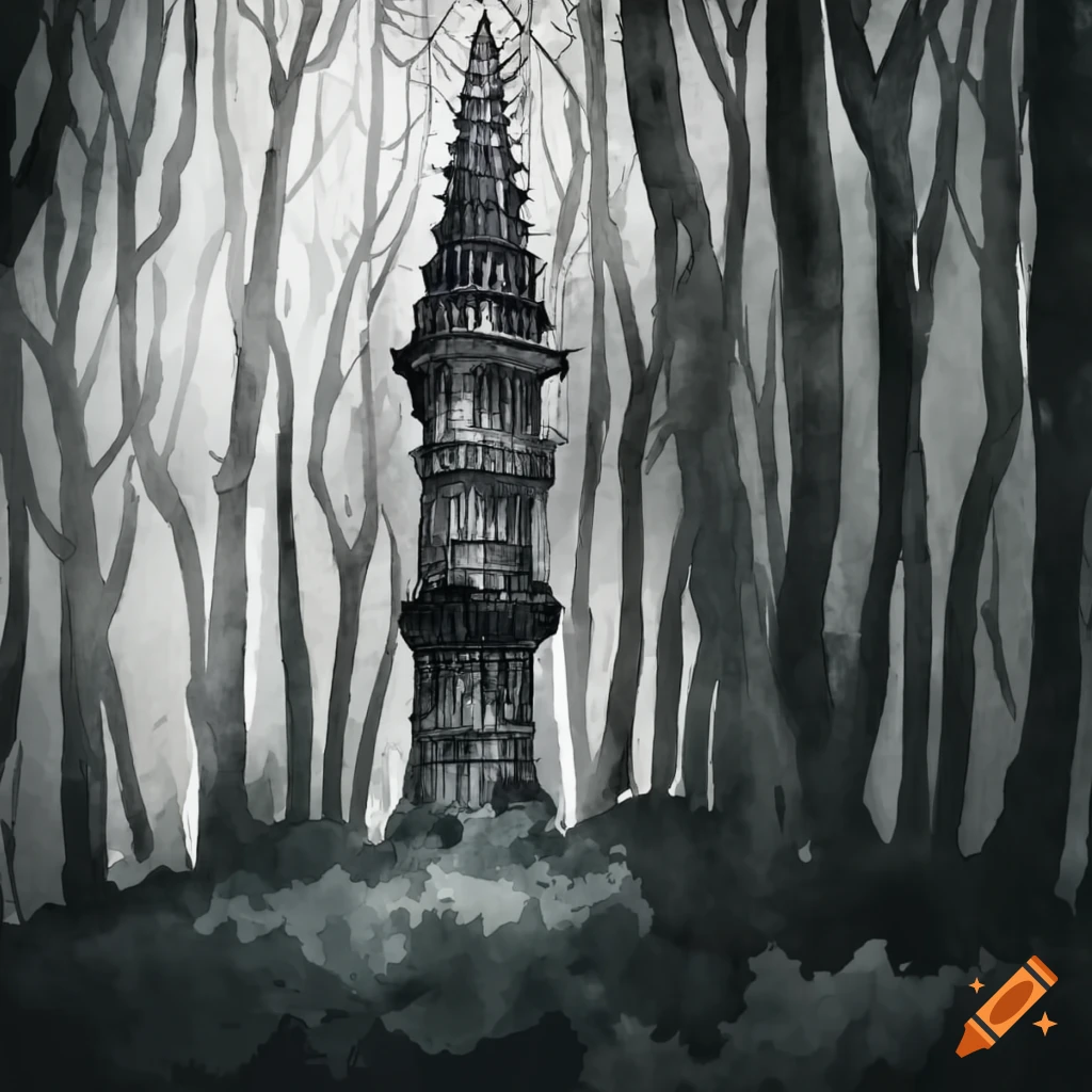 Black and white illustration of a tower in a forest