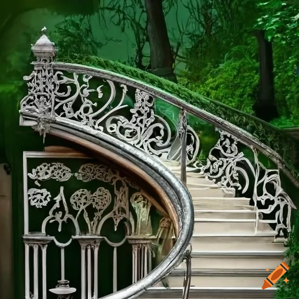 Curved silver stairs leading to a balcony in a garden