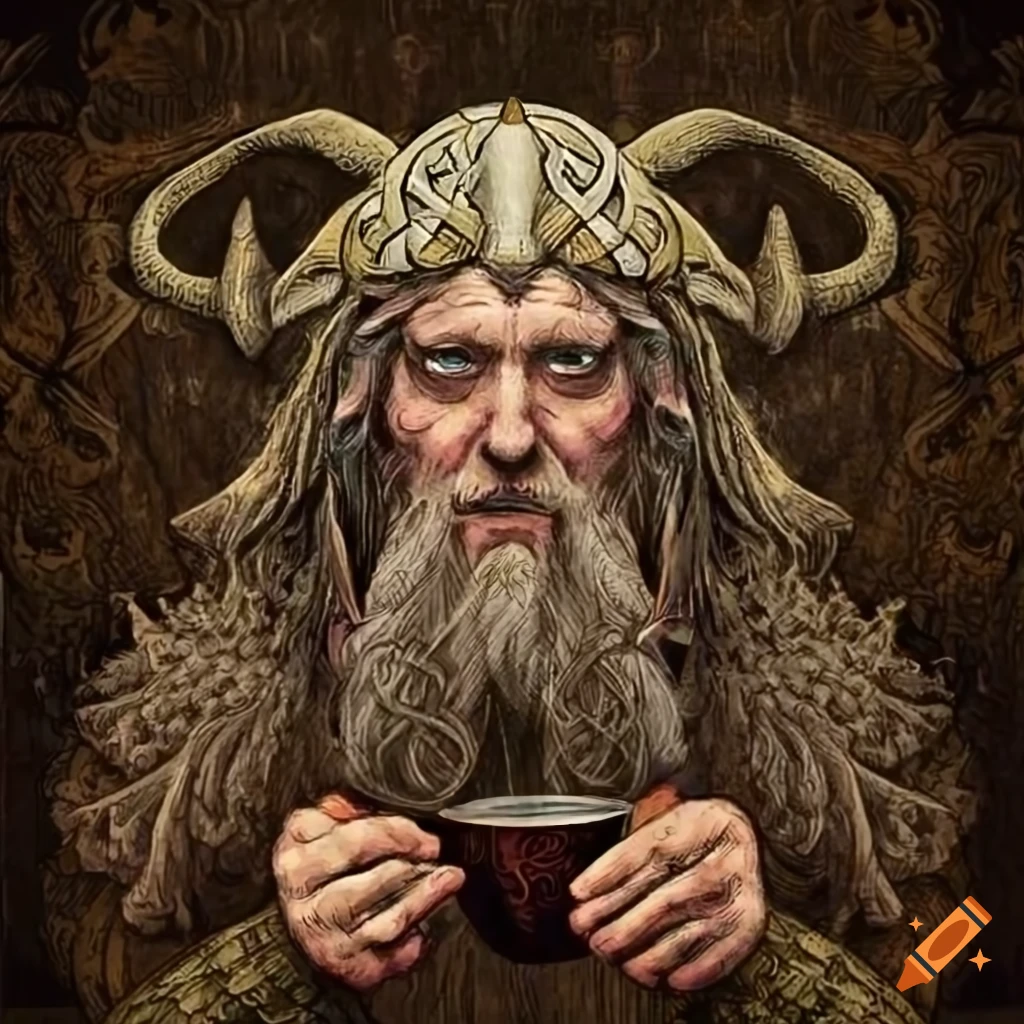 Illustration of a viking druid celebrating with a mug of mead on Craiyon