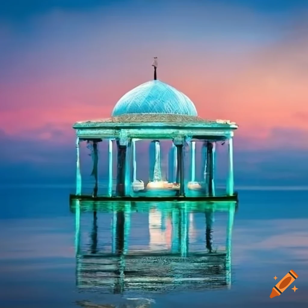 Scenic view of an islamic gazebo on an island surrounded by calm sea