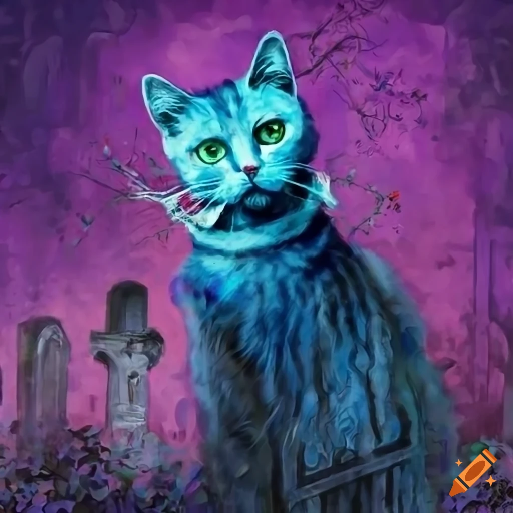 Blue glowing ghost cat with a bow in a victorian graveyard on Craiyon