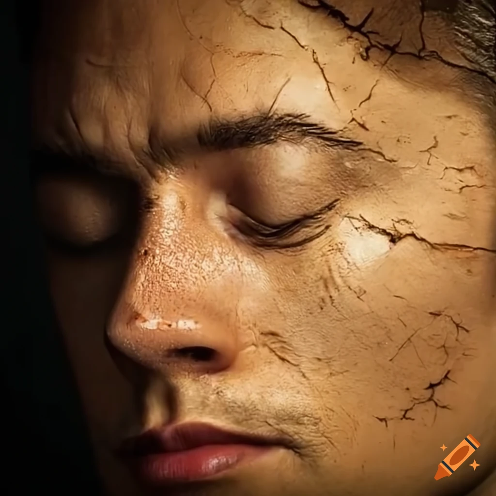 Close-up portrait of a man with golden cracks on his face on Craiyon