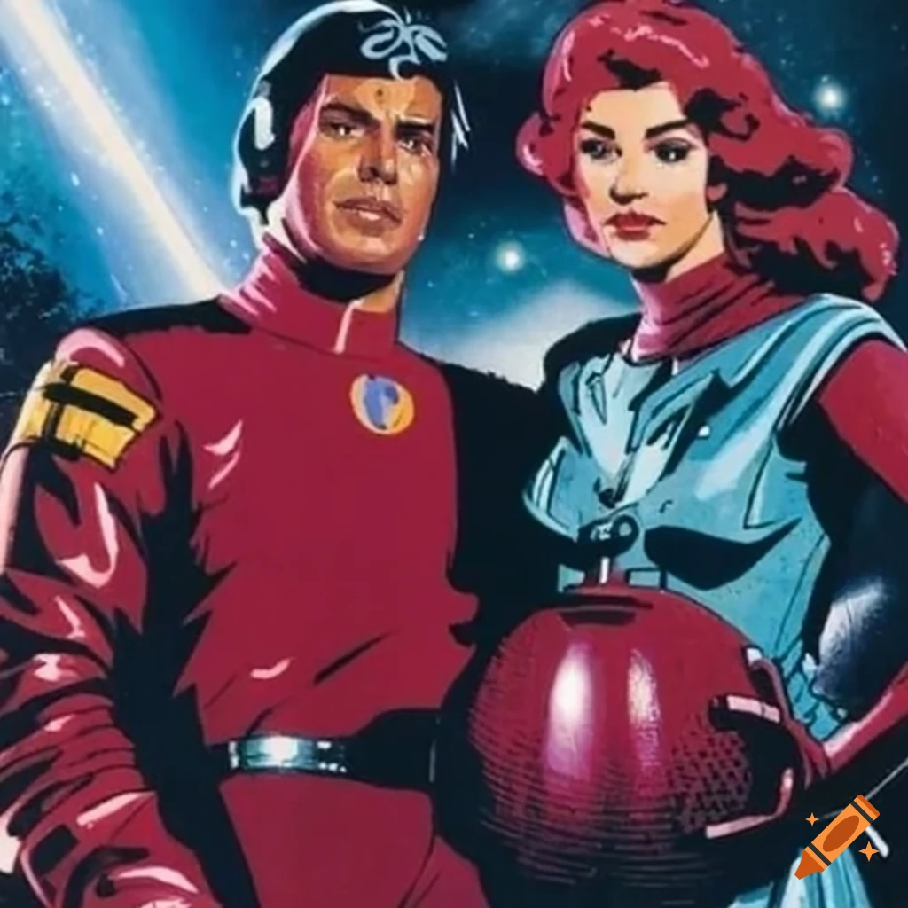 Scene from a 70's sci-fi series with a space captain and princess on ...