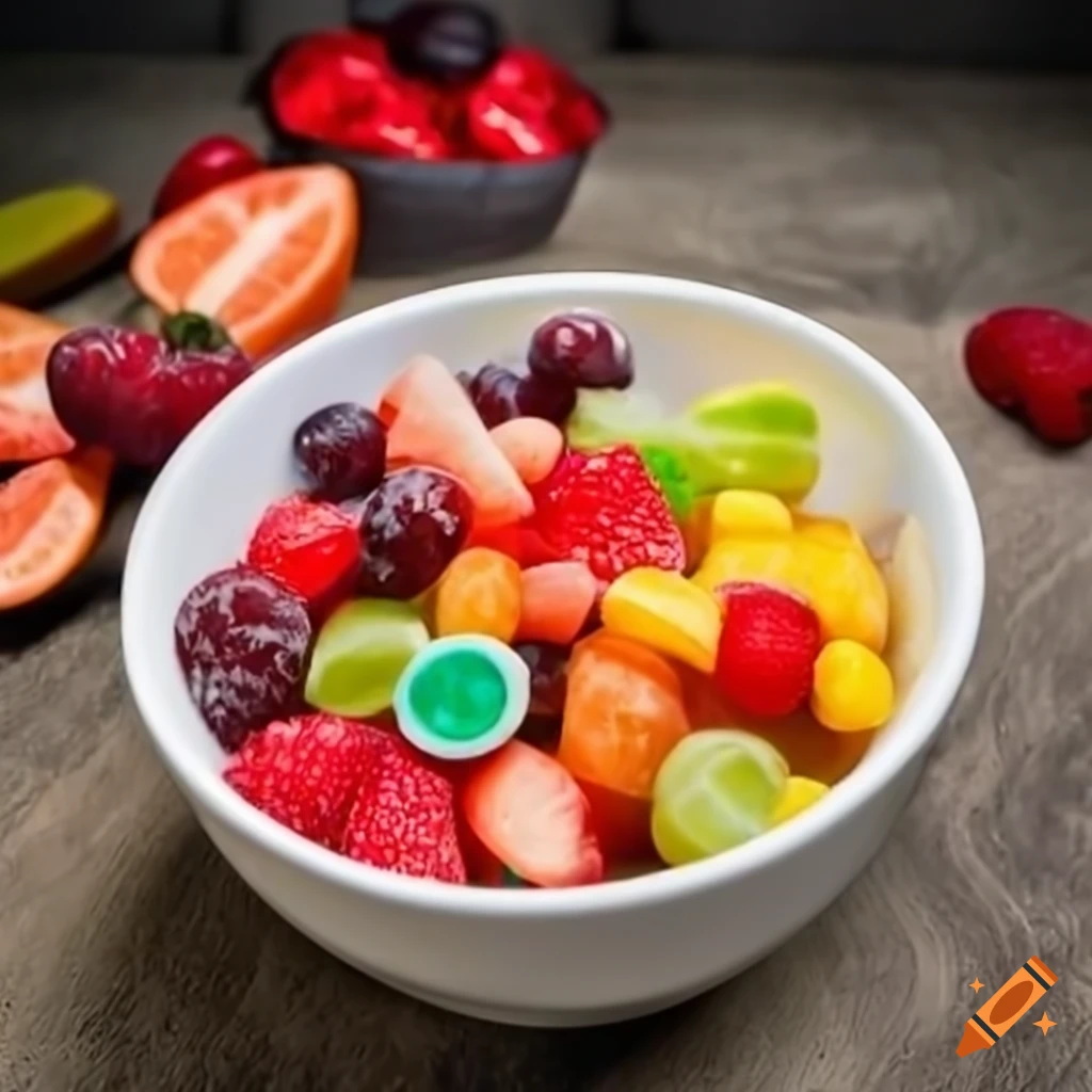 Bowl of candy and fruit