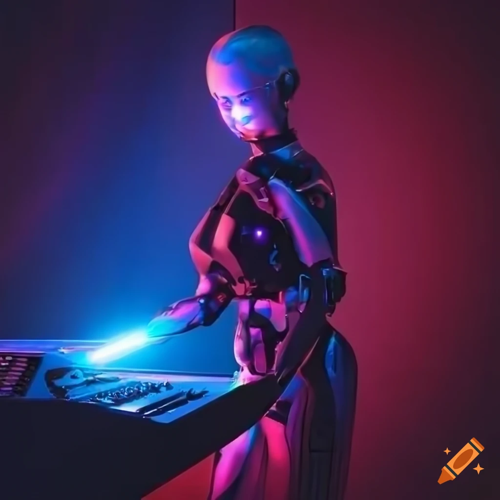 Girl robot playing synthesizer with futuristic lighting